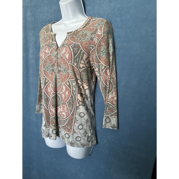 ONE WORLD | Tops | One World Pink Gray Blue Pattern Top W V Neck Sequin ...